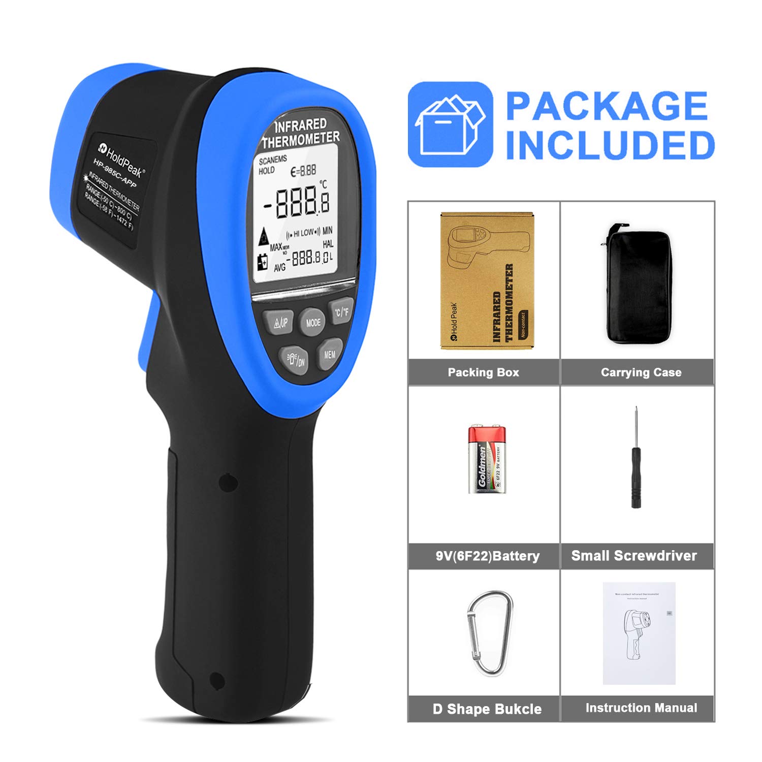 Termómetro Infrarrojo Bluetooth De -50-800 C. - Hold Peak - Vimael S.A