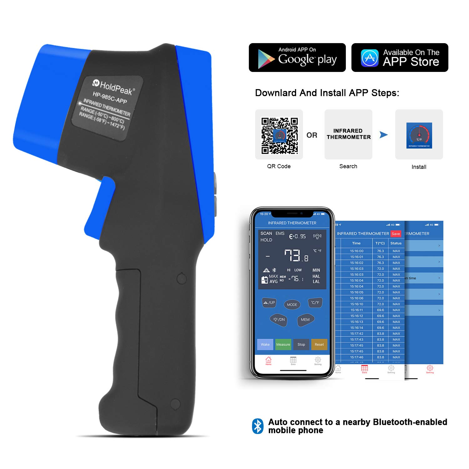 Termómetro Infrarrojo Bluetooth De -50-800 C. - Hold Peak - Vimael S.A